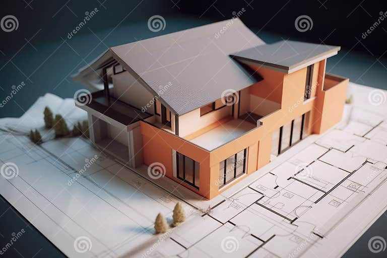 Model of House Building Standing on Architectural Project. Generative ...