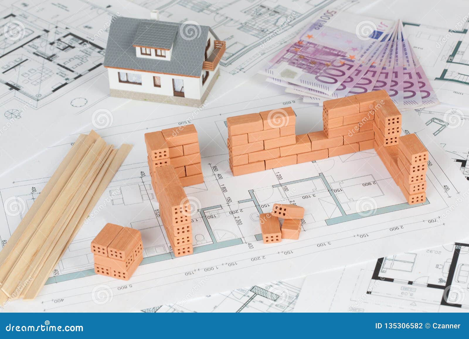 Model House Construction with Brick on Blueprint Stock Photo - Image of ...