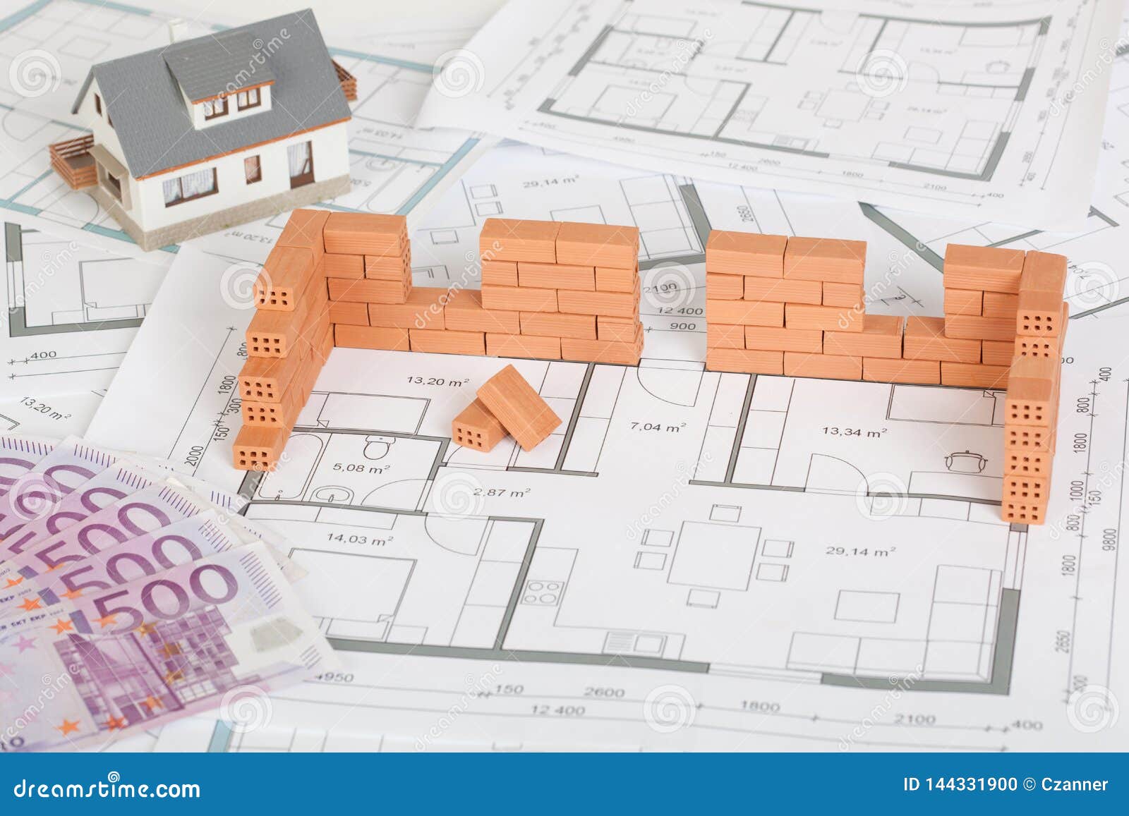 Model House Construction with Brick on Blueprint Stock Photo - Image of ...