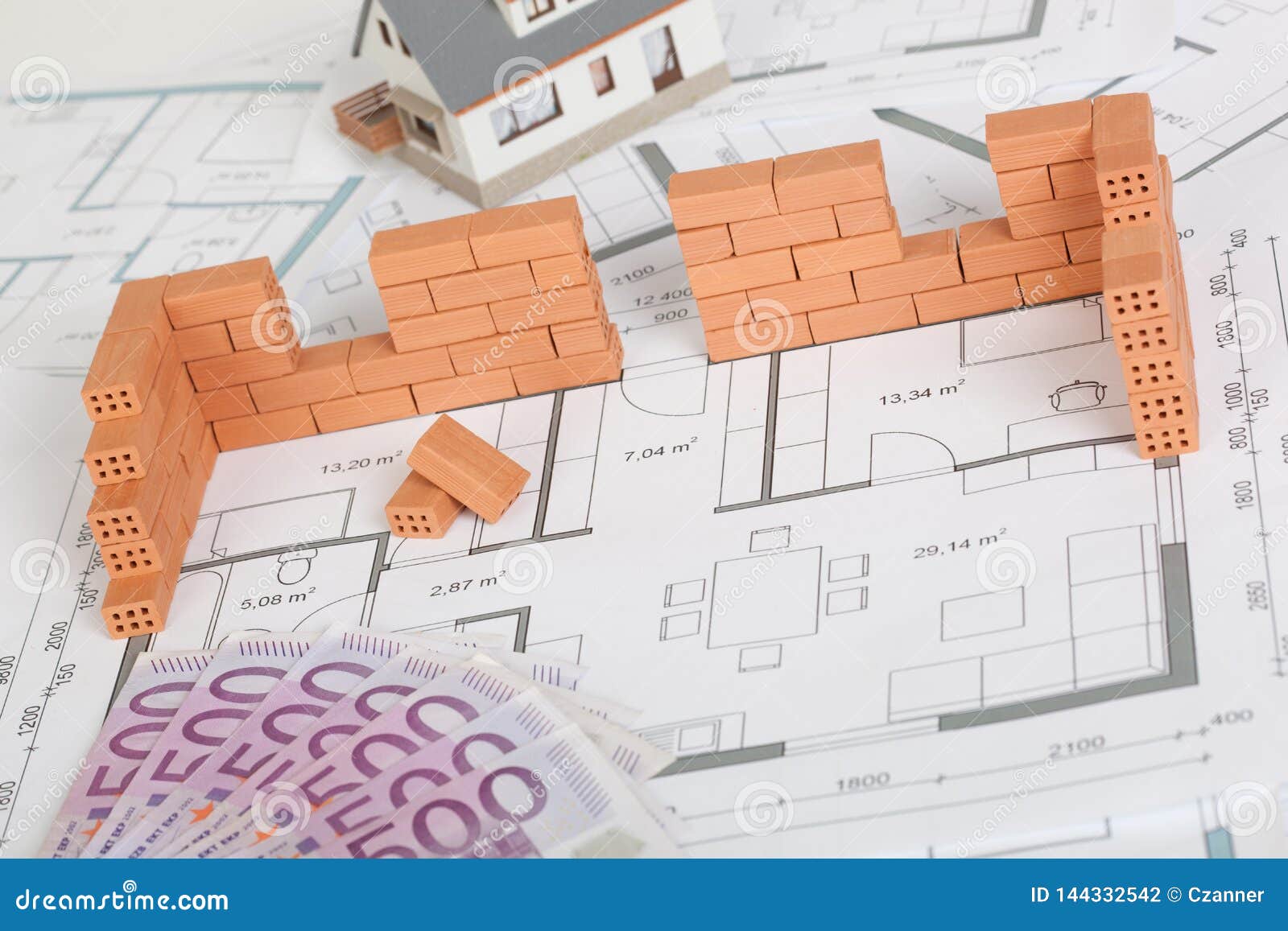 Model House Construction with Brick on Blueprint Stock Photo - Image of ...