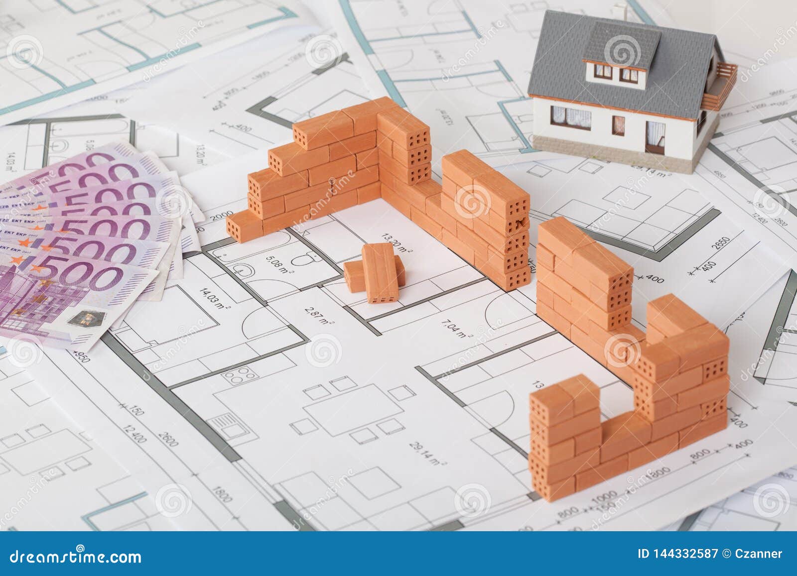 Model House Construction with Brick on Blueprint Stock Image - Image of ...