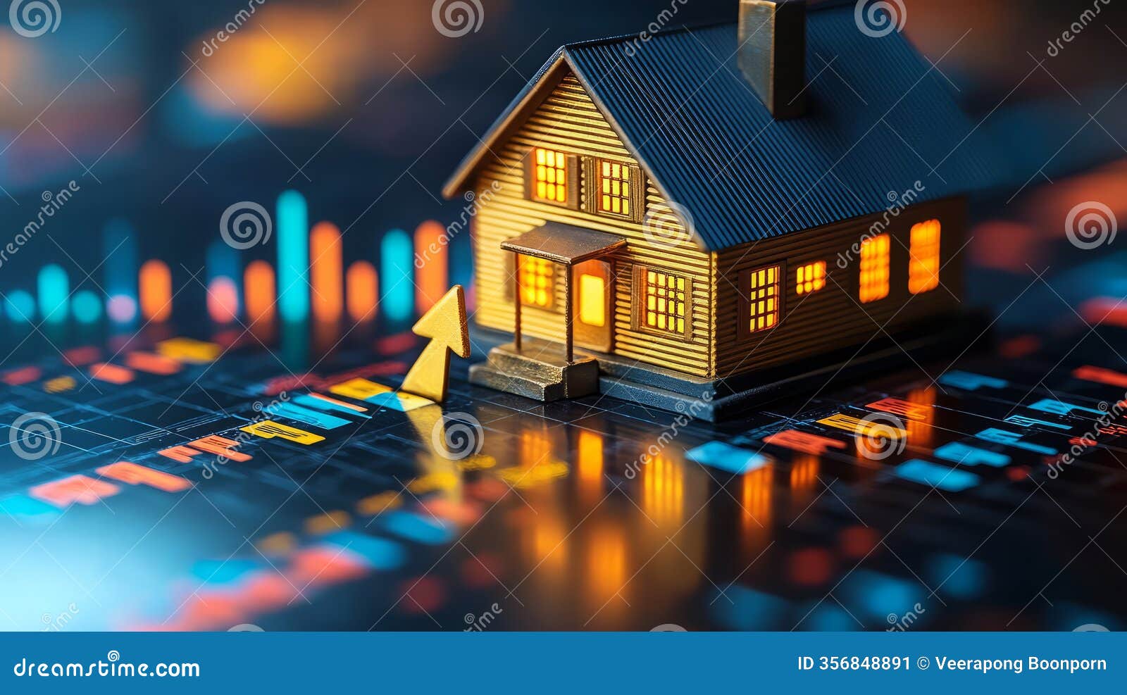 A Model House with Glowing Windows on a Financial Chart Background ...