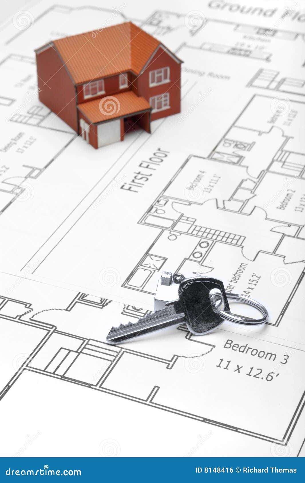 Model House and Key on Plans Stock Photo - Image of model, drawing: 8148416