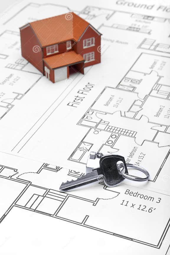 Model House and Key on Plans Stock Photo - Image of model, drawing: 8148416