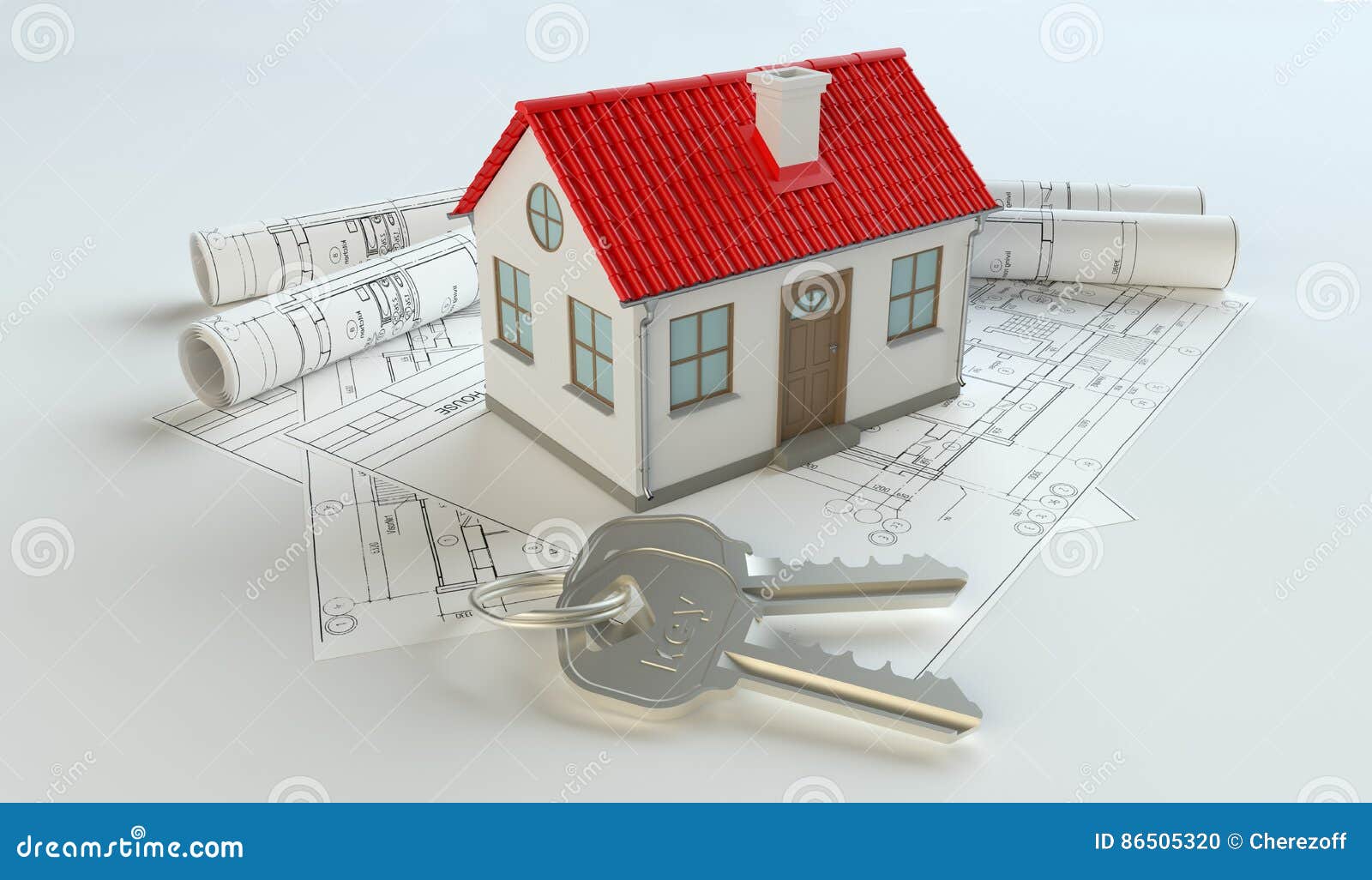 Model of House and Key Ring on Blueprint Stock Photo - Image of ...
