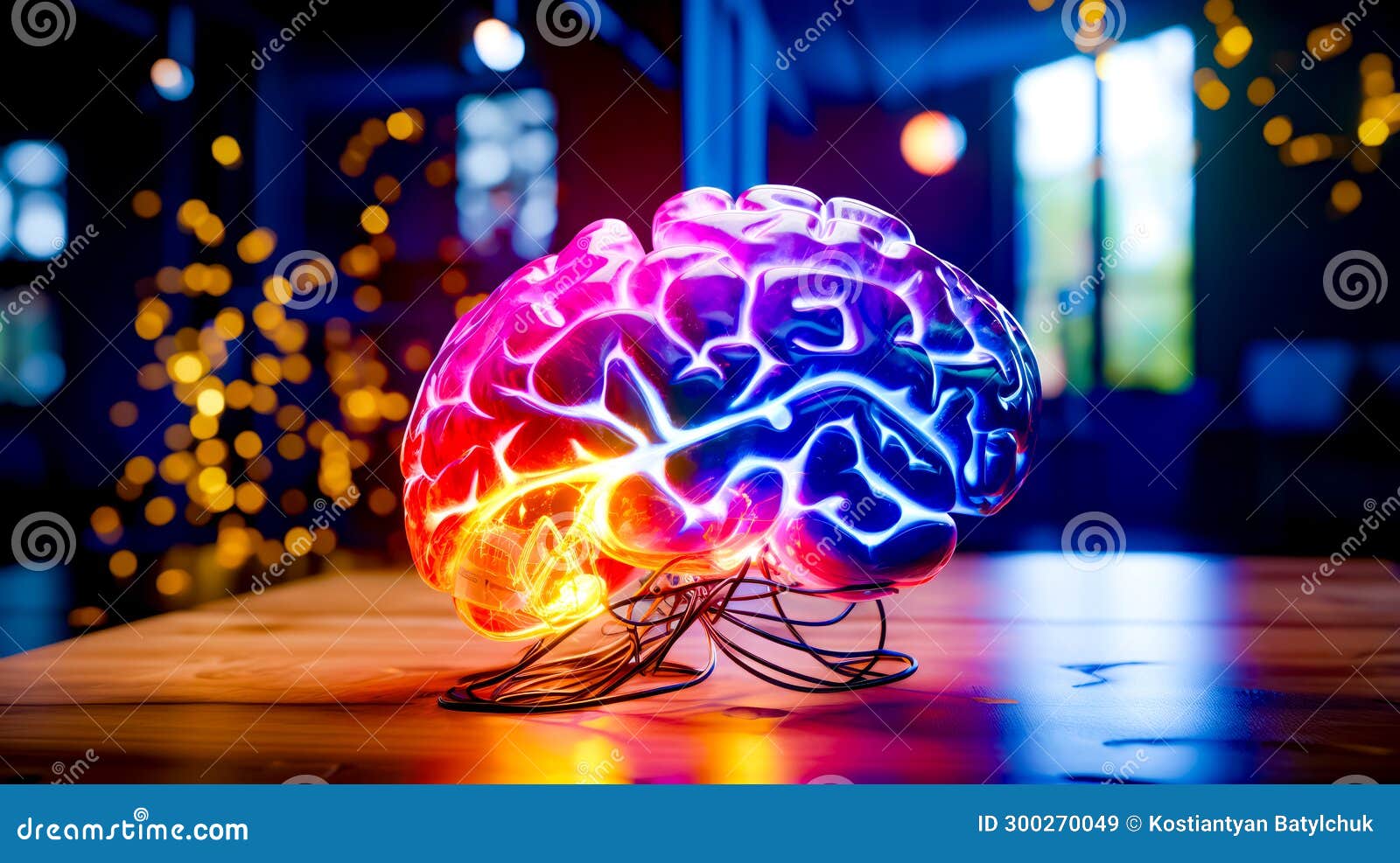 Model of Human Brain on Table with Colorful Light Coming Out of it ...