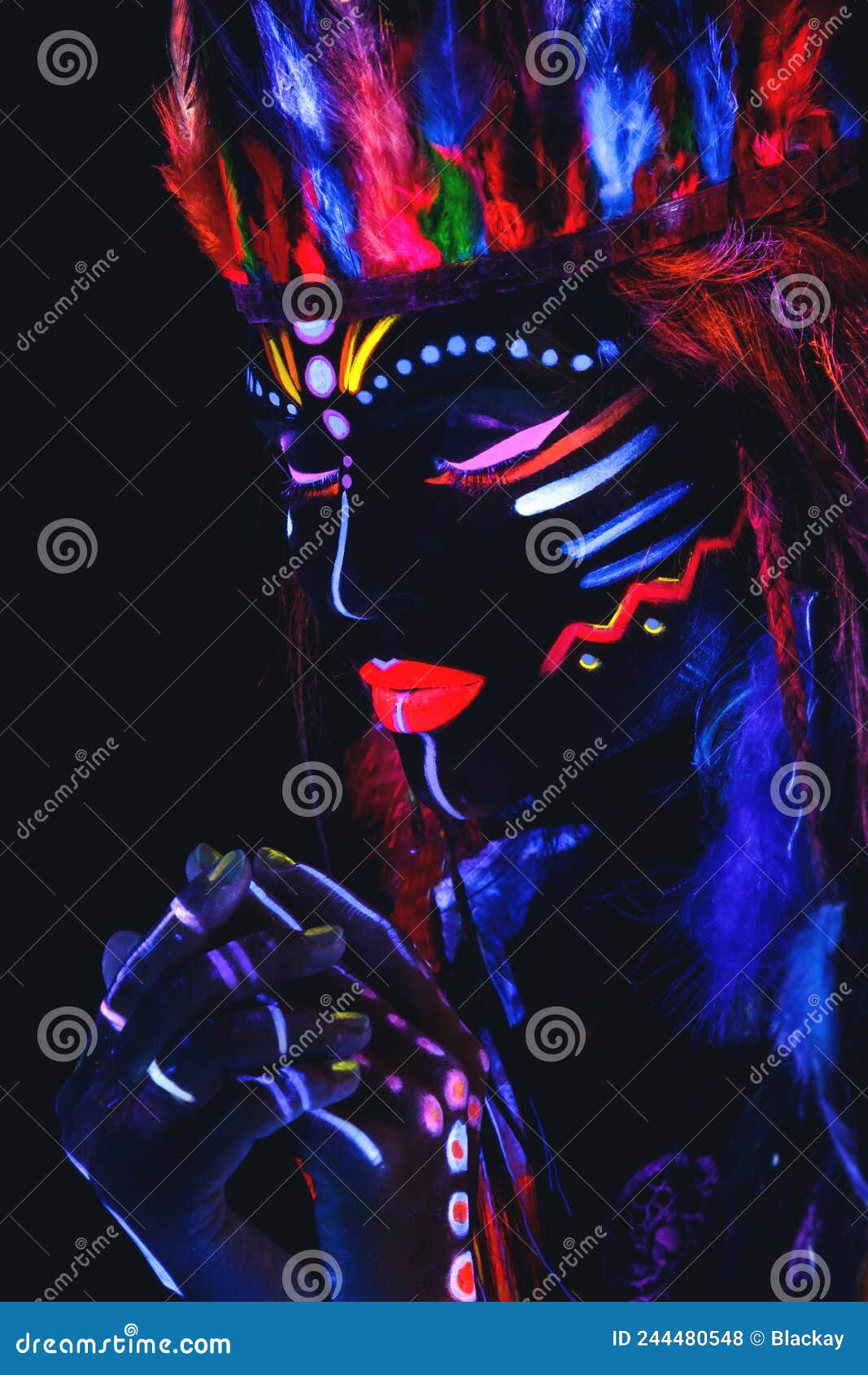 Model in Image of Native American with Neon Makeup, Which Made of ...