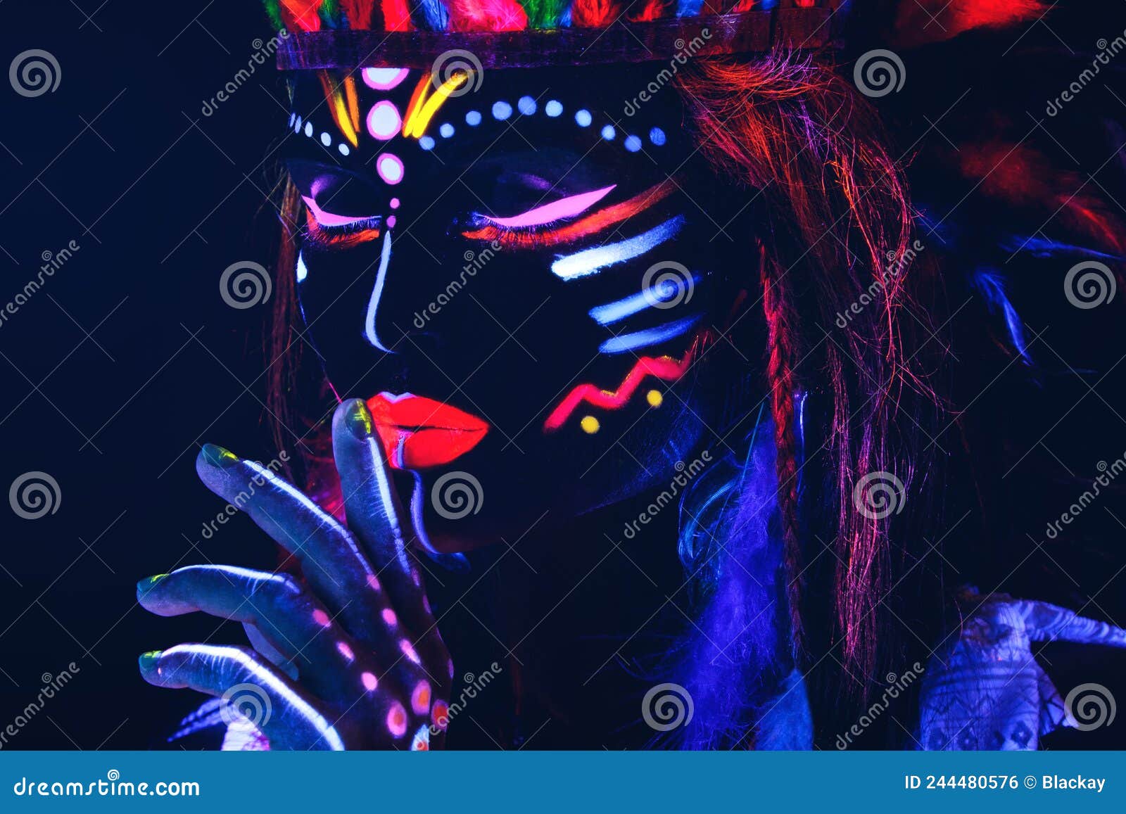 Model in Image of Native American with Neon Makeup, Which Made of ...