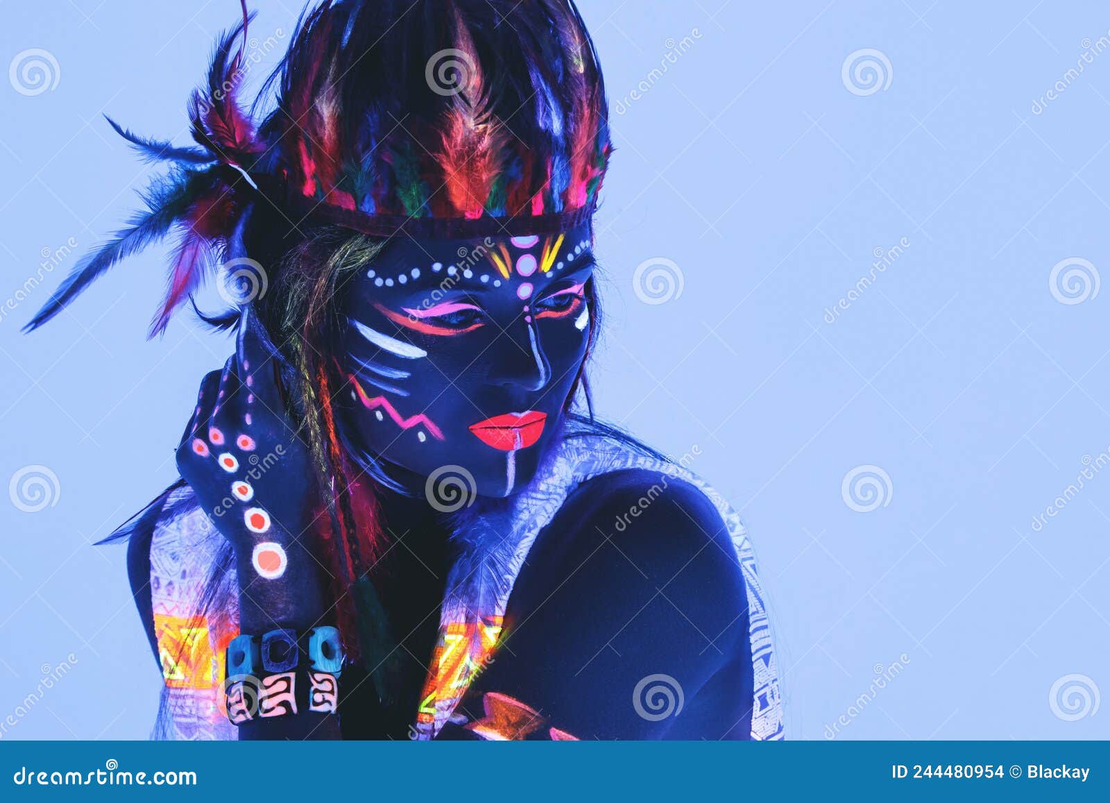 Model in Image of Native American with Neon Makeup, Which Made of ...