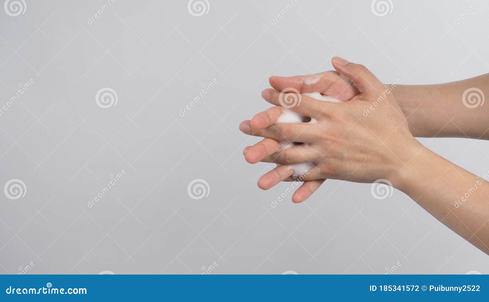 Model is Interlace Fingers and Continue Rubbing with Foam Hand Soap on ...