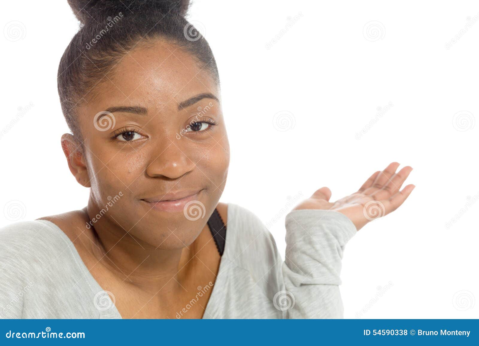 Model Isolated Hand Gesture Presenting Stock Photo - Image of happiness ...