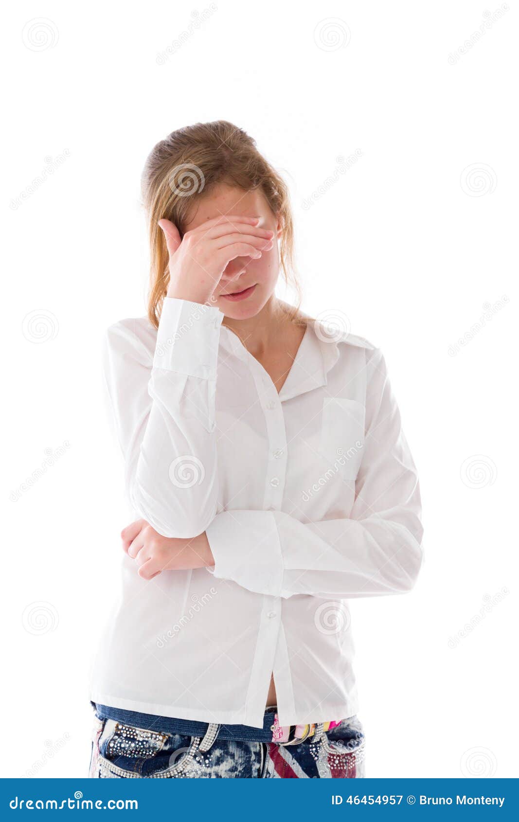 Model Isolated on Plain Background Ashamed Hiding Stock Image - Image ...