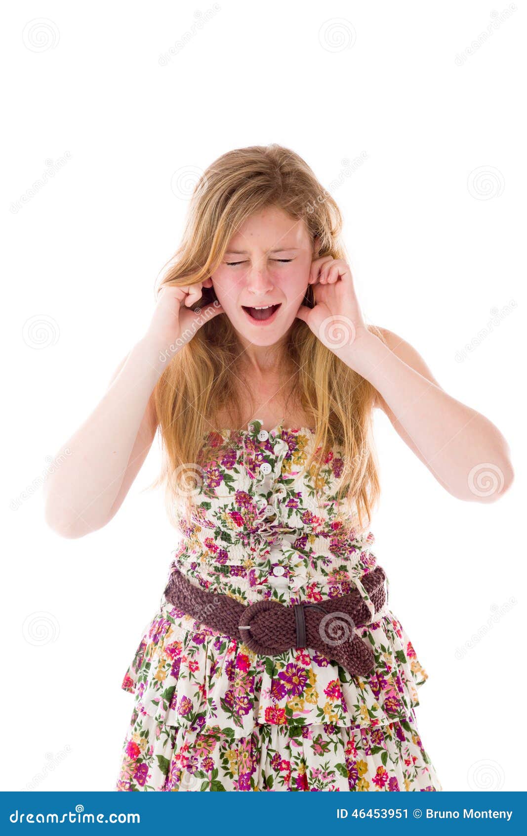 Model Isolated on Plain Background Plugging Ears Stock Image - Image of ...