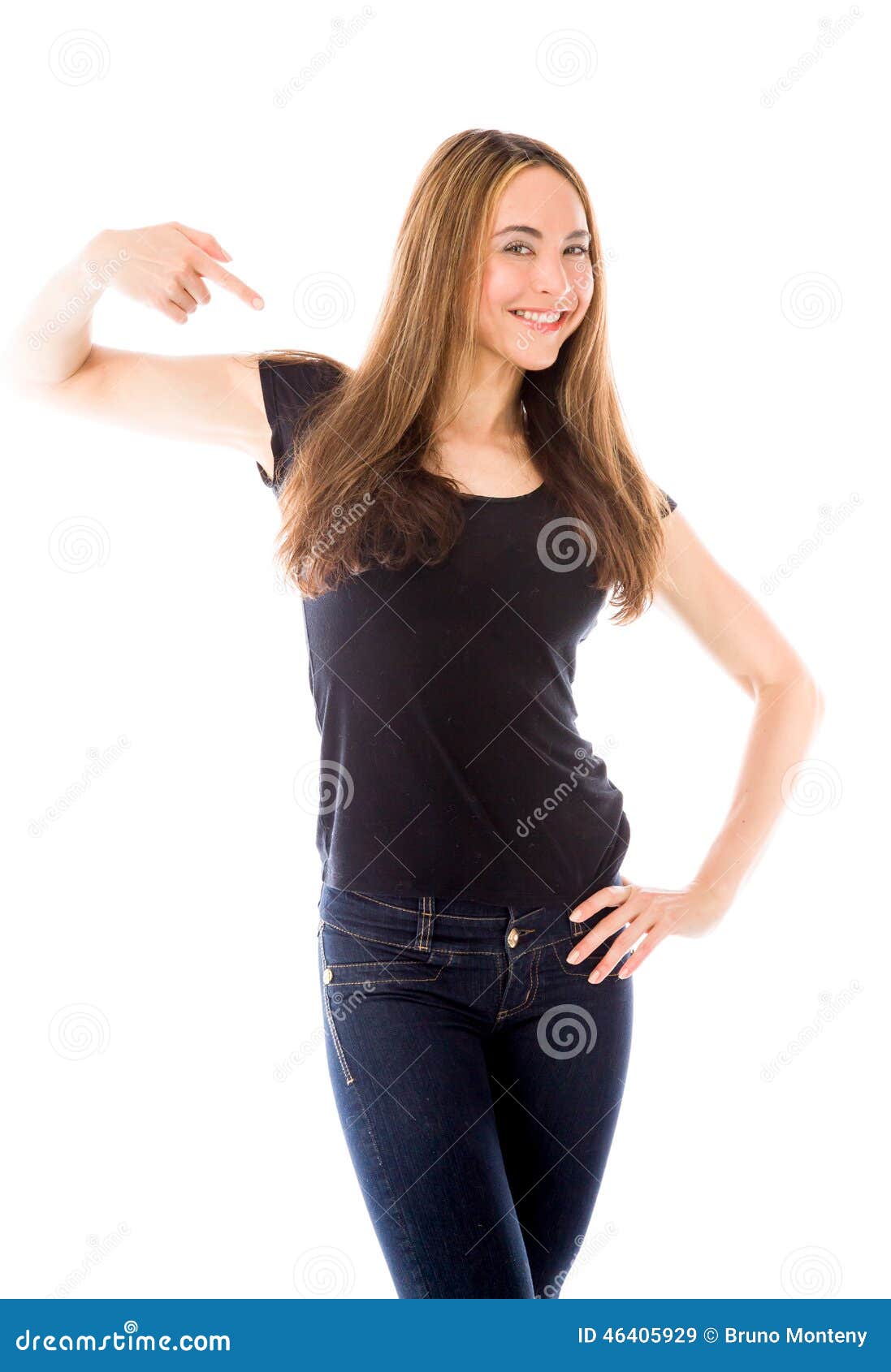 Model Isolated on Plain Background Pointing To Stock Image - Image of ...