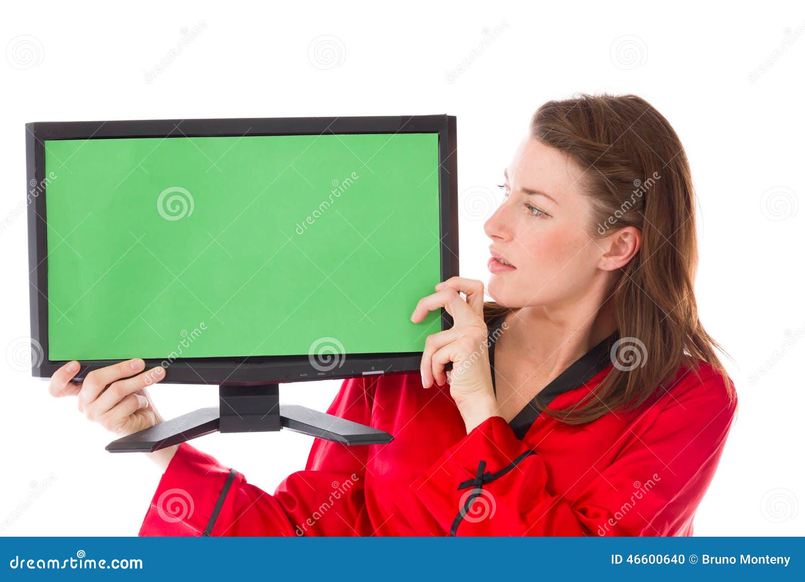 Model Isolated on White Holding Blank Screen Stock Photo - Image of ...