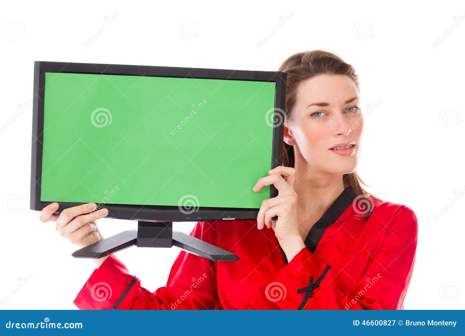 Model Isolated on White Holding Blank Screen Stock Image - Image of ...