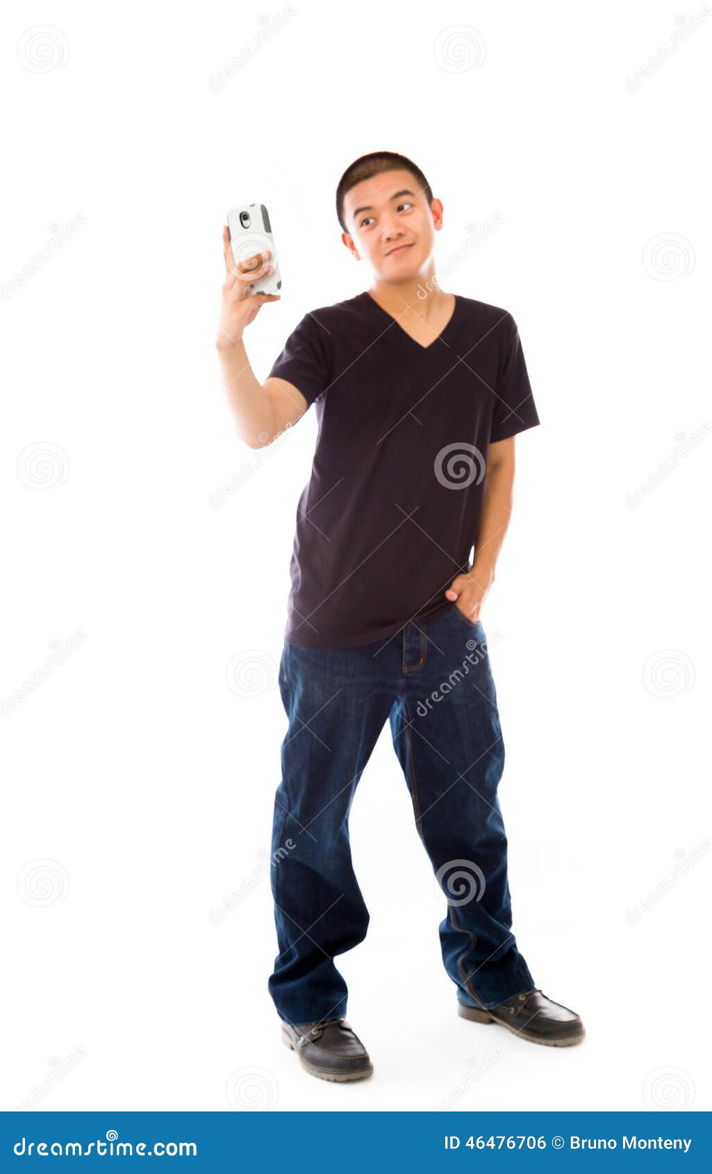 Model Isolated on White Holding Phone Stock Photo - Image of model ...