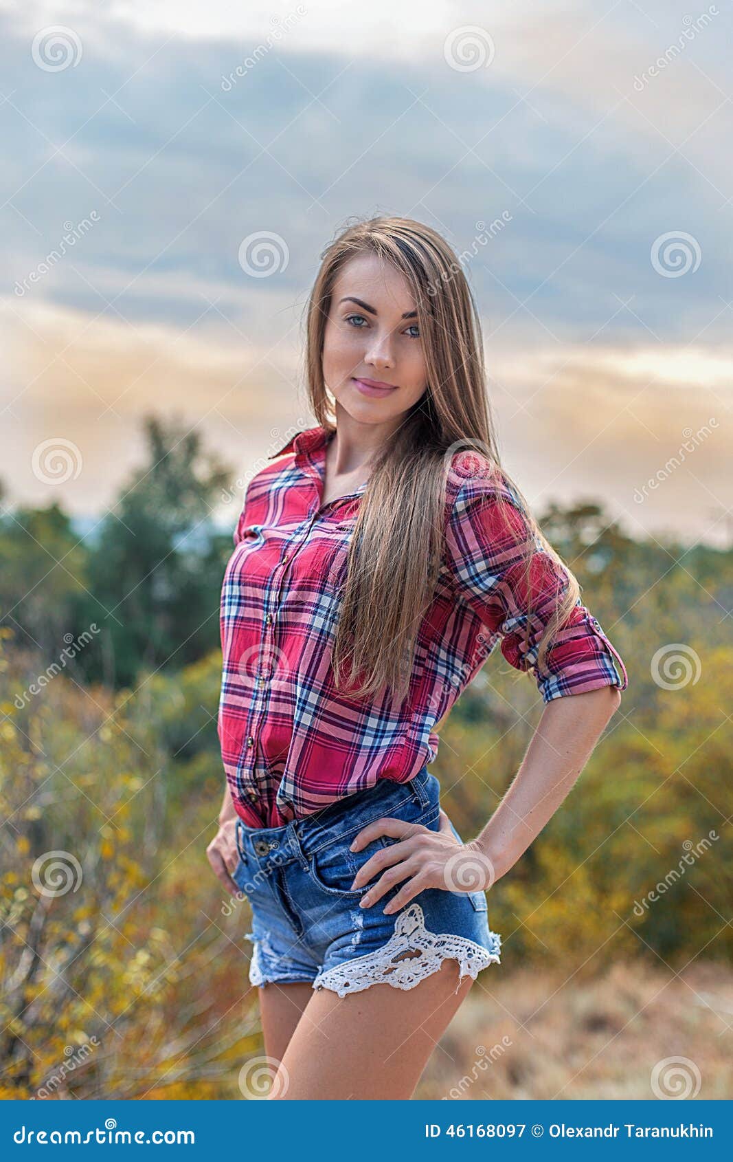 Model in Jeans Shorts Posing Outdoor Stock Image - Image of green ...