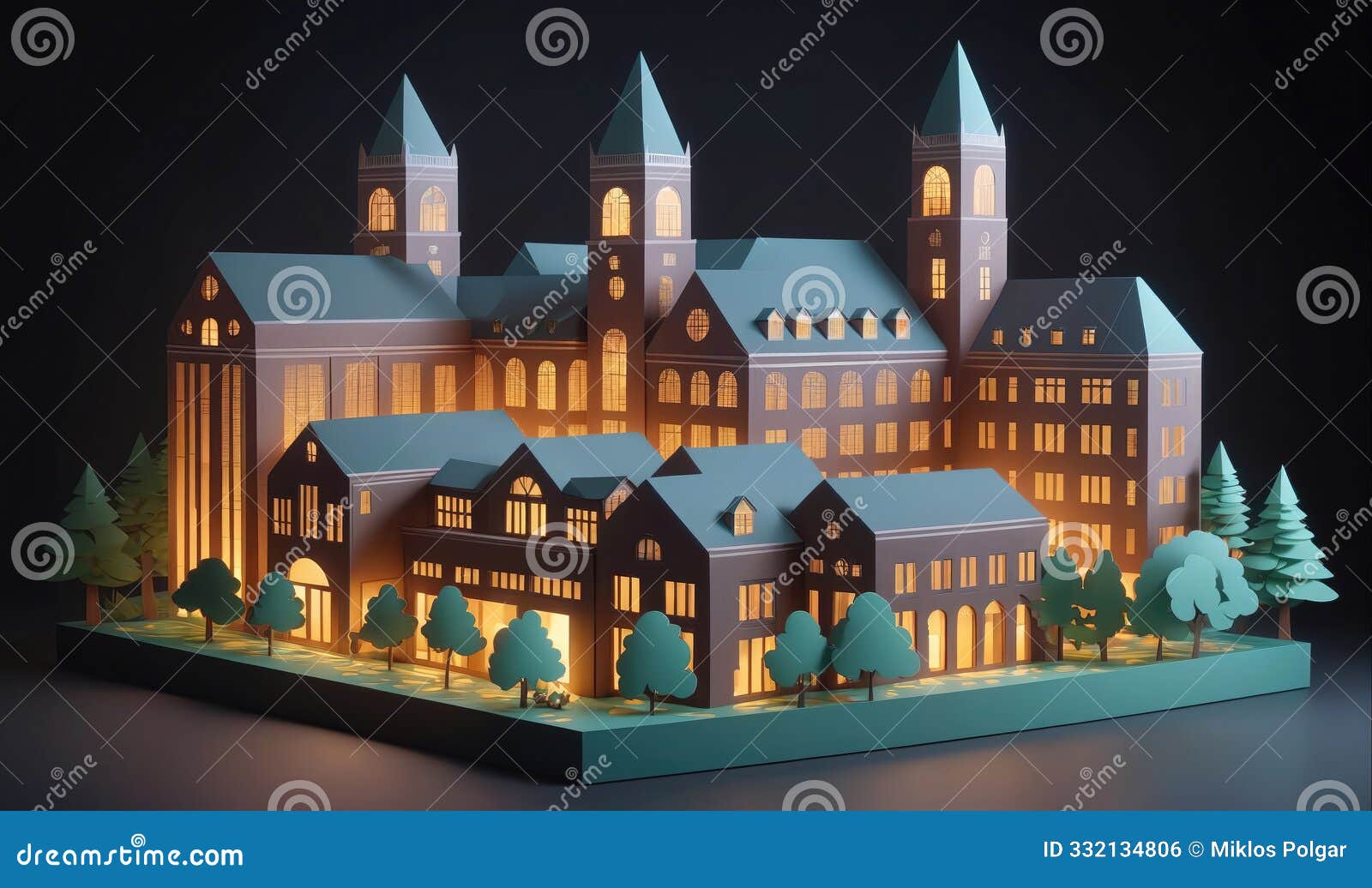 A Papercraft Model of a Building Complex, Illuminated from within ...