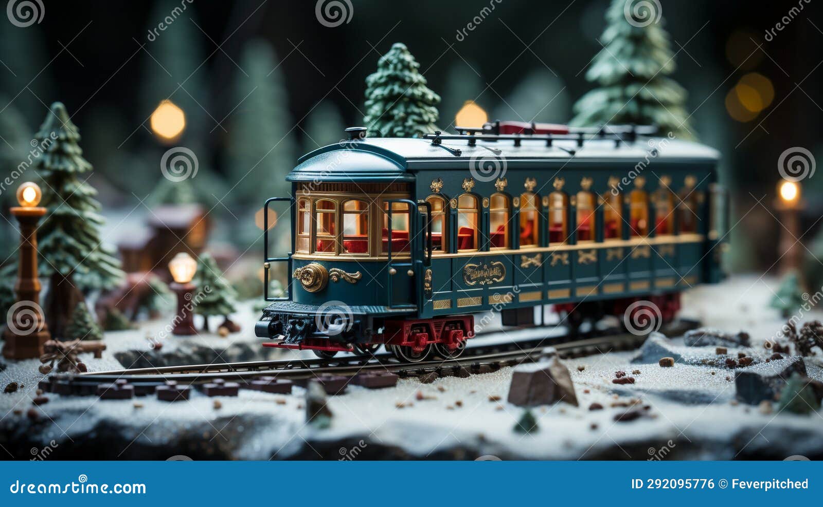 Model Miniature Trolley Train Set and Snowy Christmas Decorated Town ...