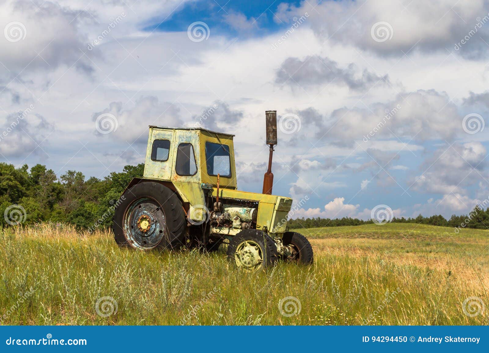 The Model of the Old Tracor is Installed in the Steppe Stock Photo ...