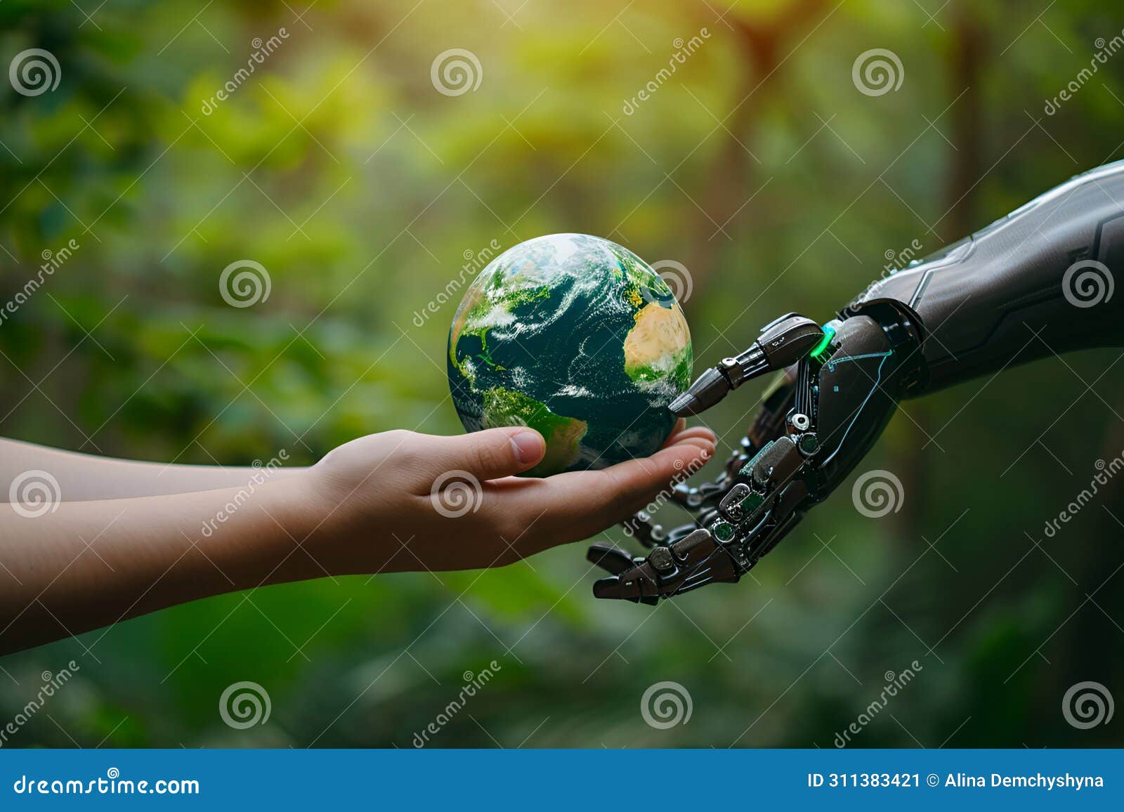 A Model of Planet Earth is Grasped by Both a Human Hand and a Robotic ...