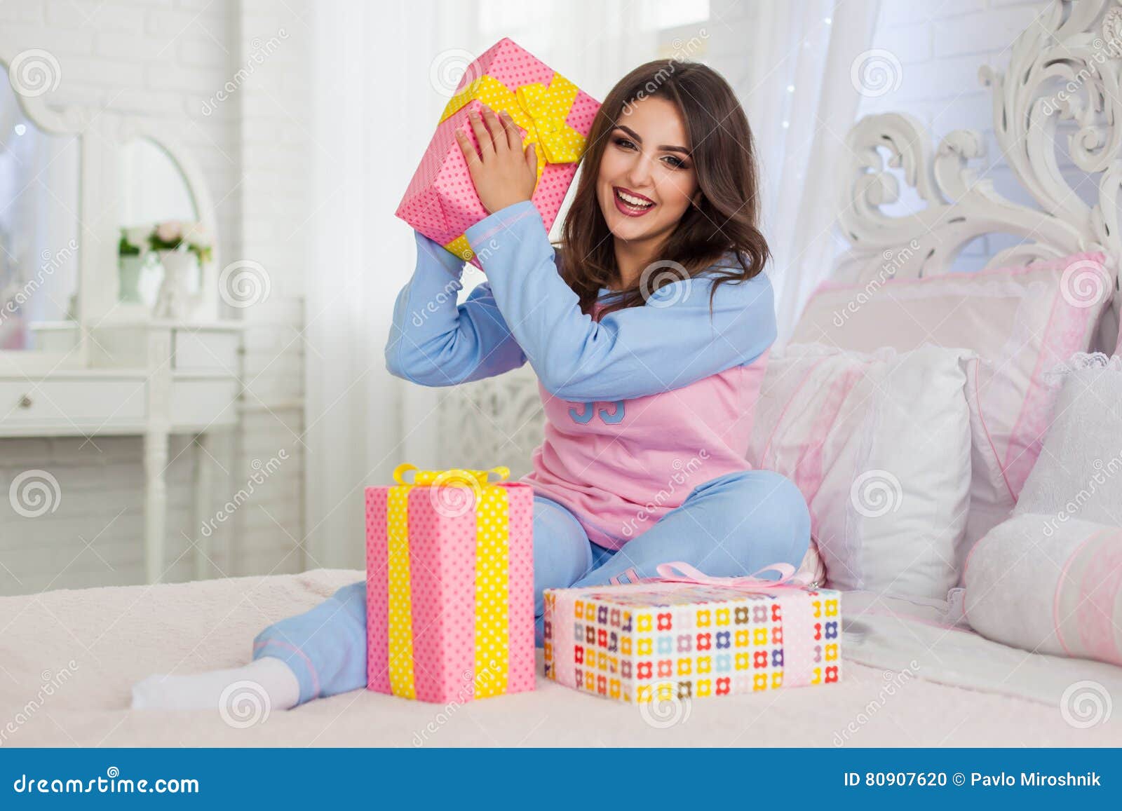 Model with Pretty New Year Presents Stock Photo - Image of house ...