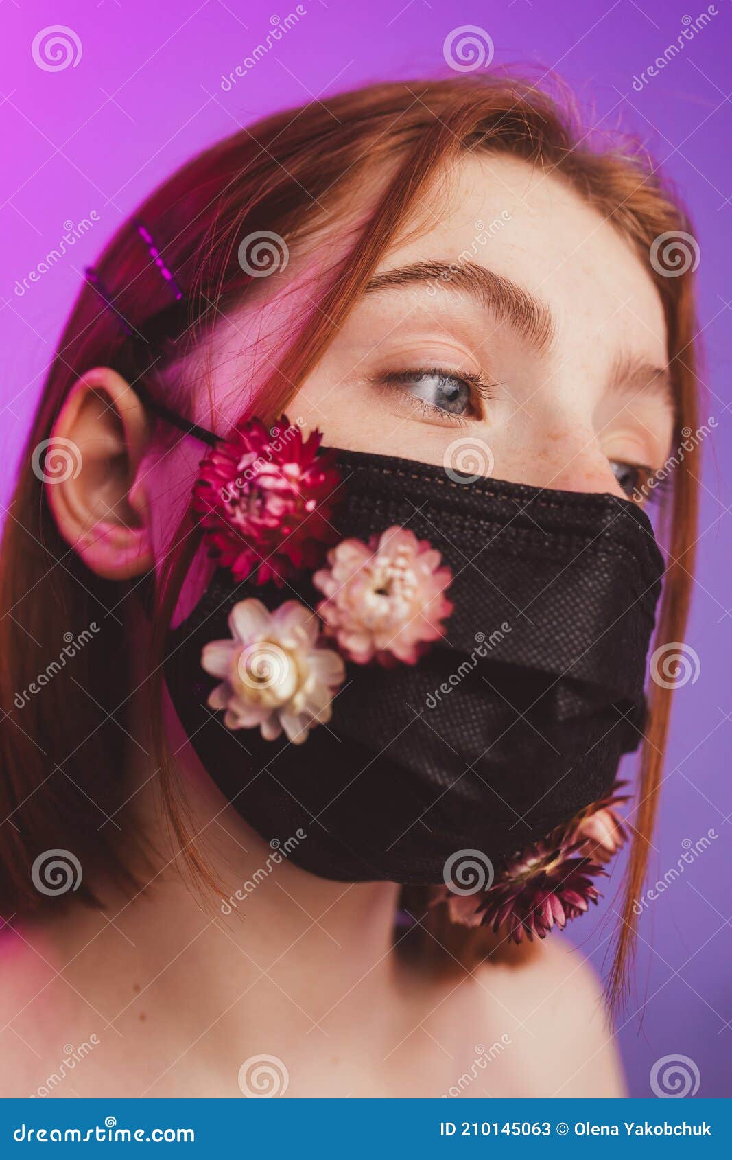 Model in Protective Face Mask Posing on Violet Background Stock Image ...