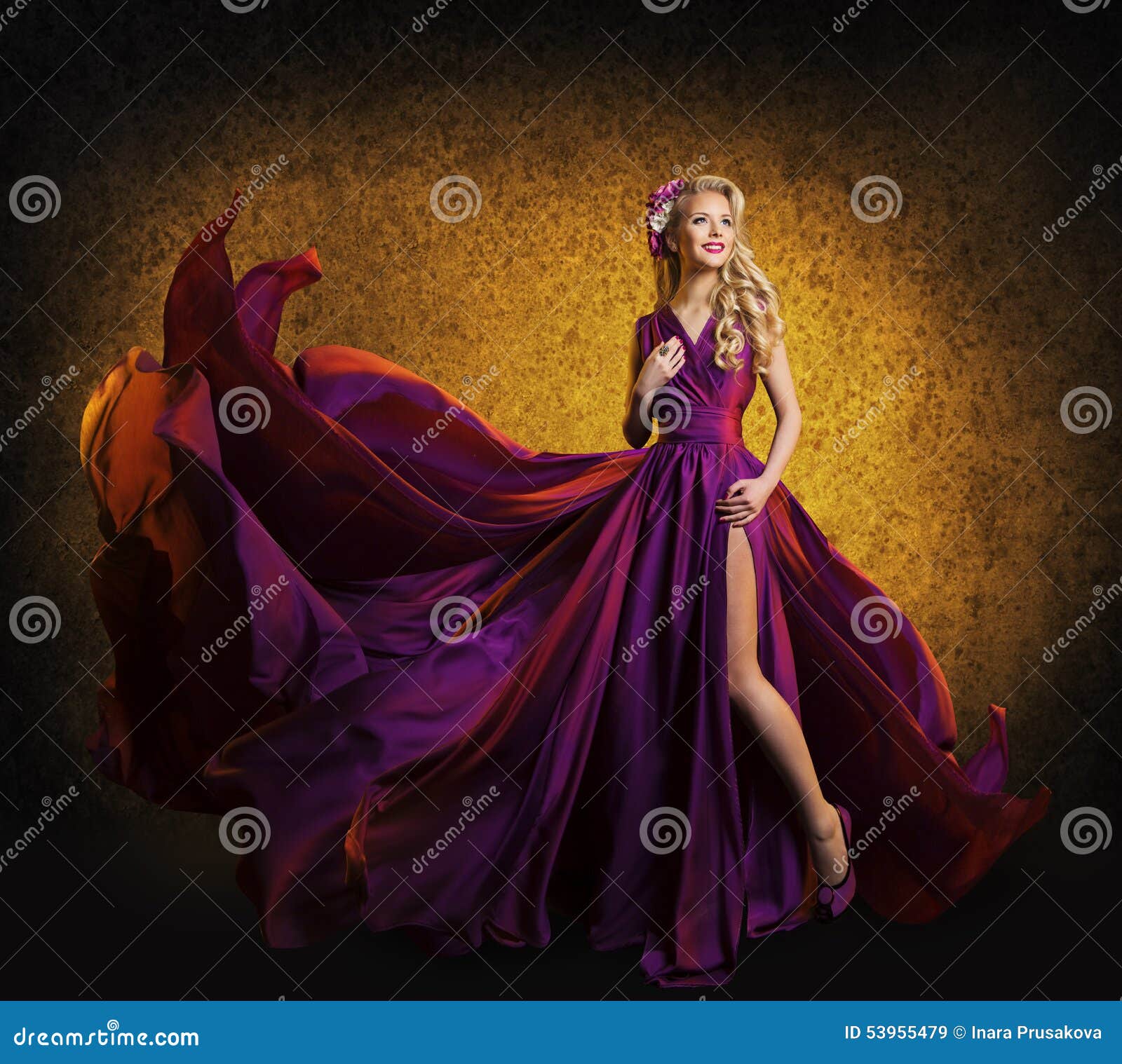 Model In Purple Dress Woman Posing In Flying Silk Cloth Waving Stock