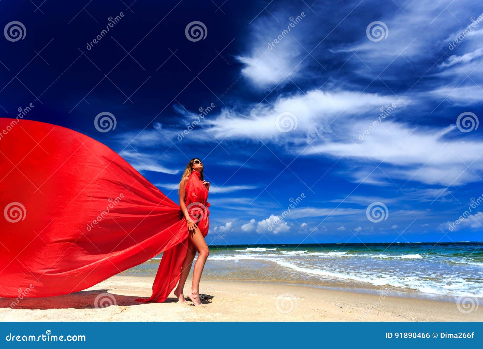 Model in Red Dress Posing on Beach Stock Photo - Image of female ...