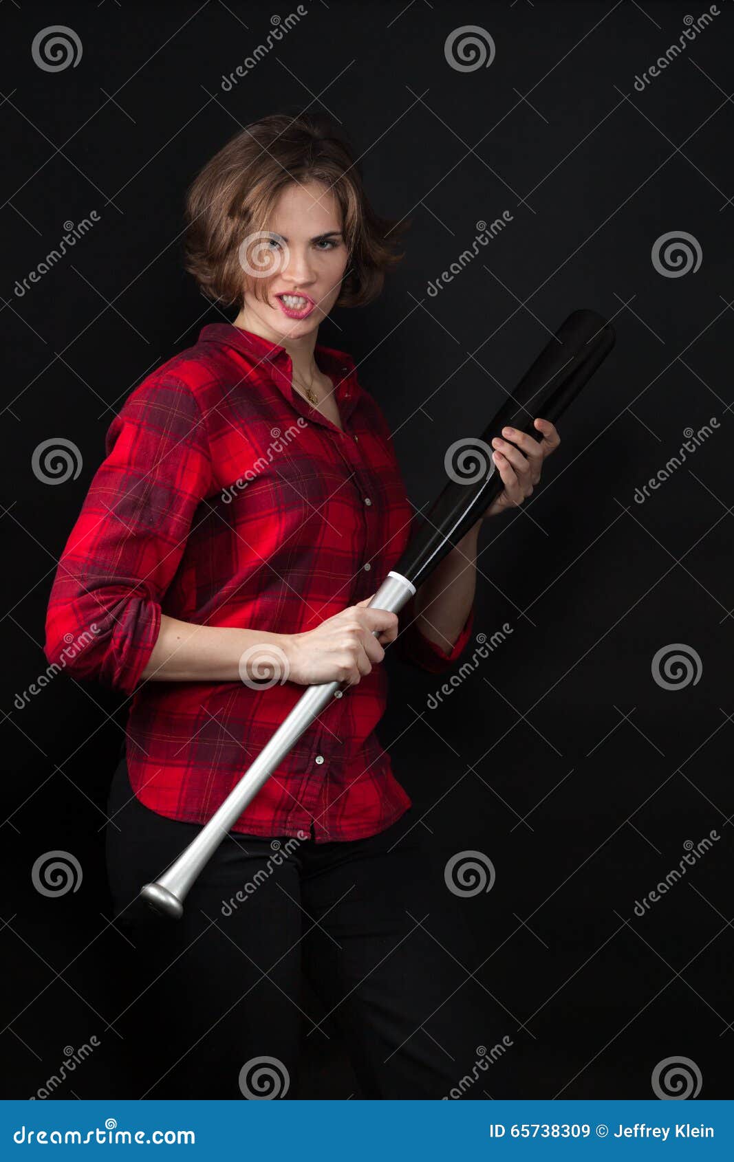 Model Red Flannel Shirt Scowling with Bat Stock Image - Image of ...