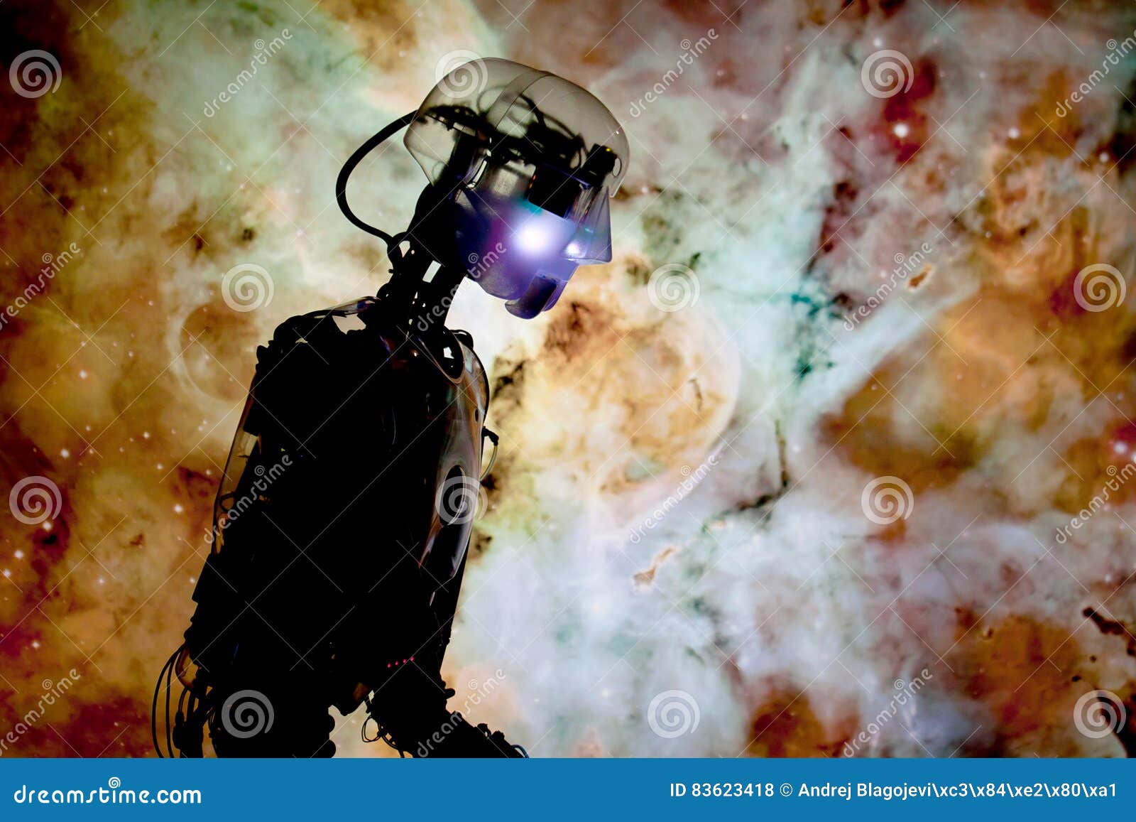Model of a Robot Illuminated by an Image of a Nebula Stock Photo ...