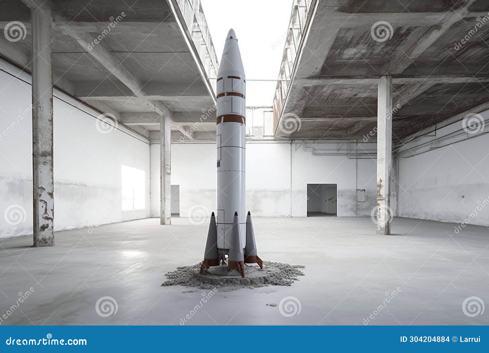 A Model Rocket Stands in a Spacious, Industrial Warehouse, Highlighted ...