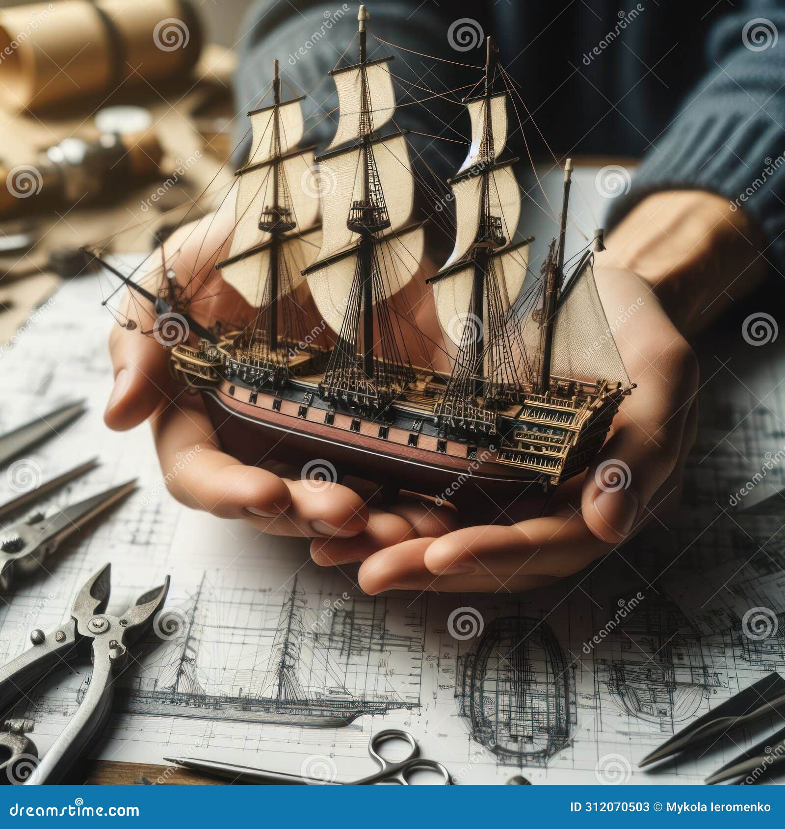 Model of a Sailing Ship in Hands. Stock Illustration - Illustration of ...