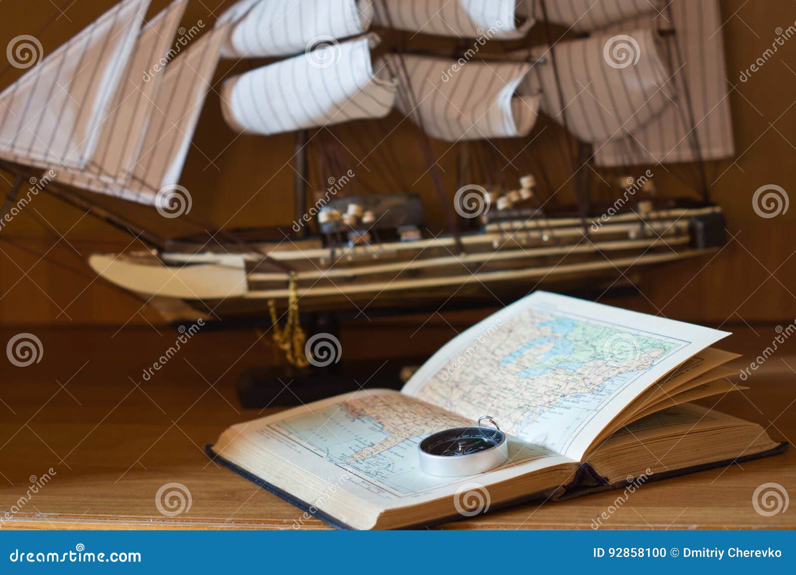 Model Sailing Ship, Map Book and Compass Stock Photo - Image of ship ...