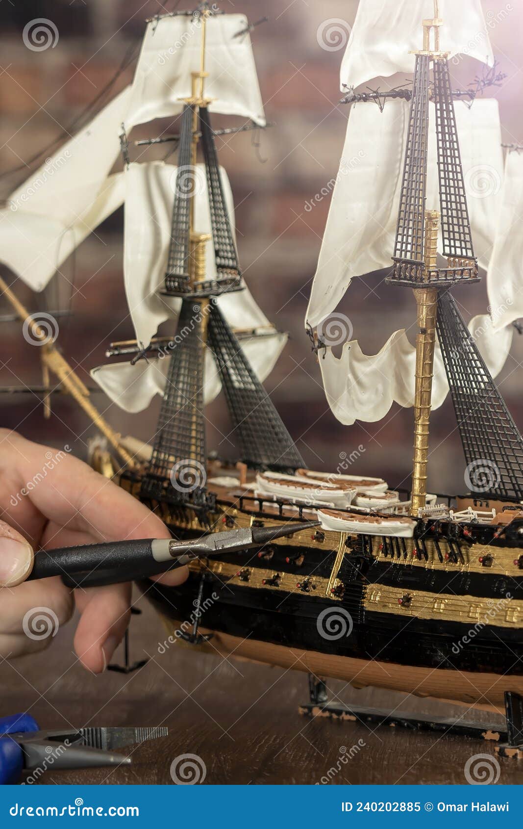 Model Ship Building Handcraft on Table with Different Materials Stock ...