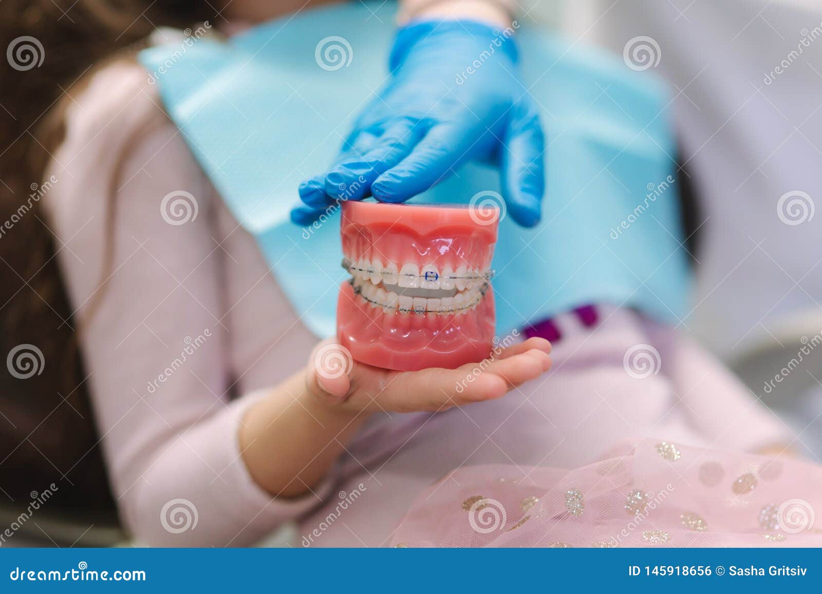Model of Teeth in Hand of Little Girl Stock Photo - Image of check ...