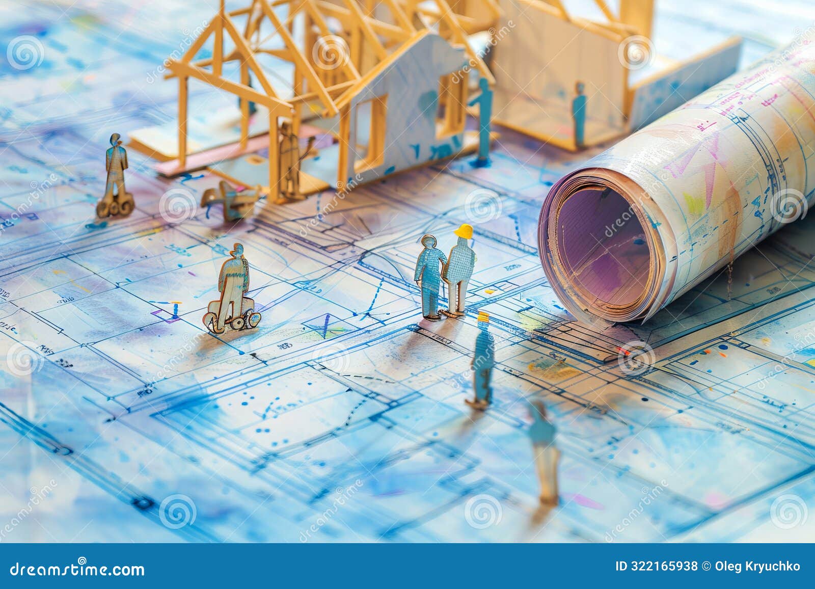 Model Workers On Architectural Plans. Construction Concepts Visualized ...