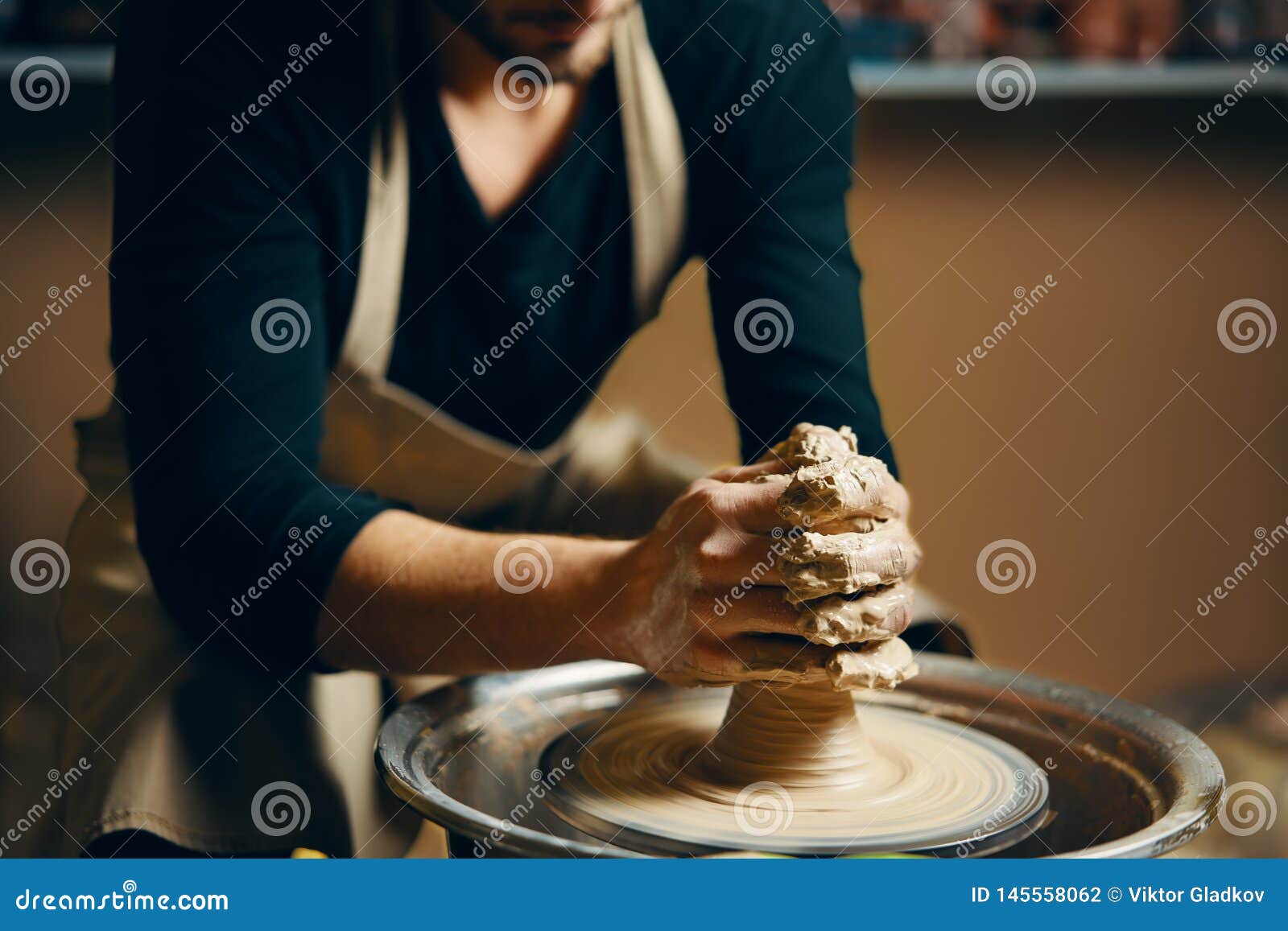 Modeling of Clay on a Potter`s Wheel in the Pottery Workshop Stock ...