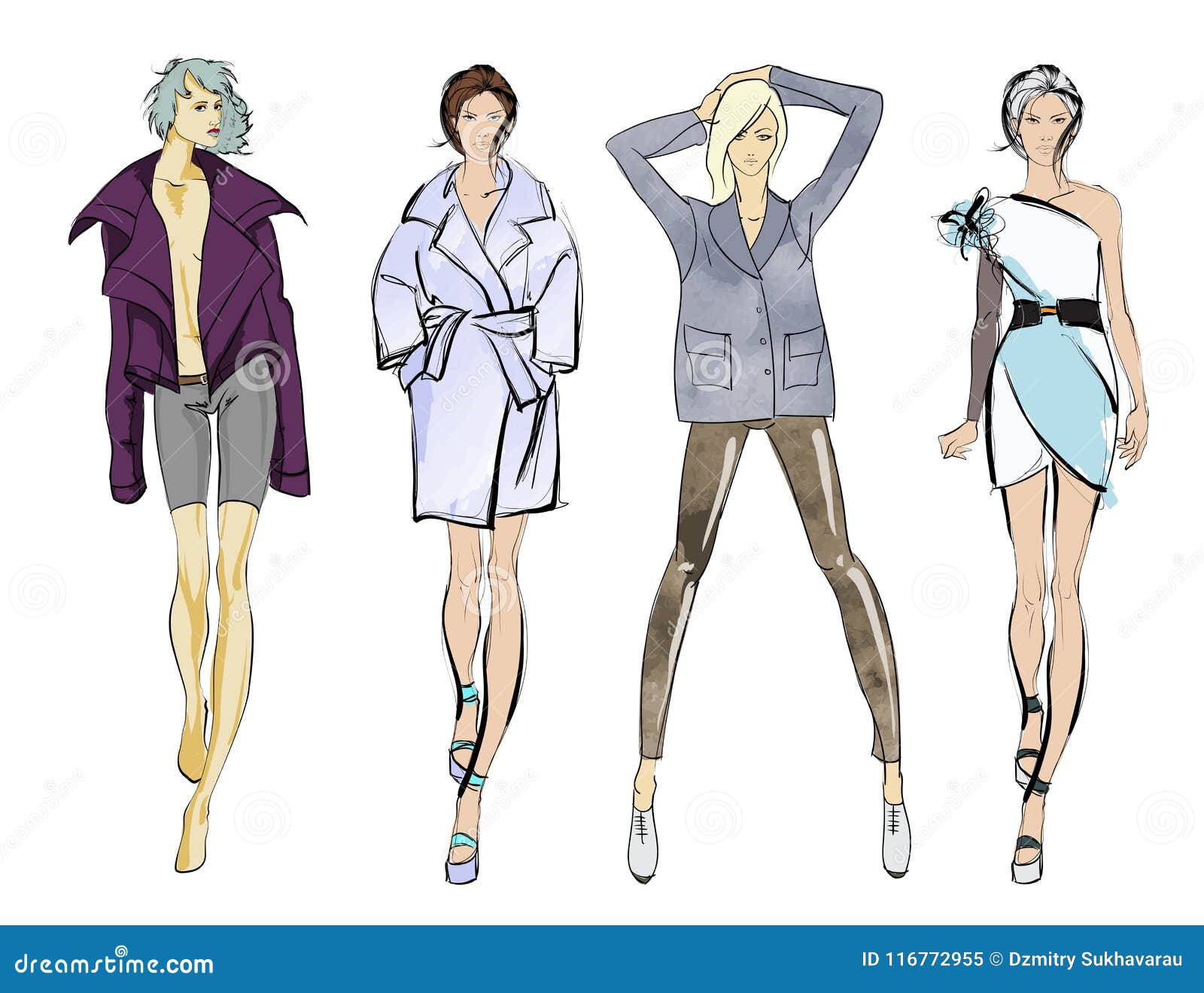 Modelli Di Moda Alla Moda Ragazze Graziose Illustrazione Vettoriale ...