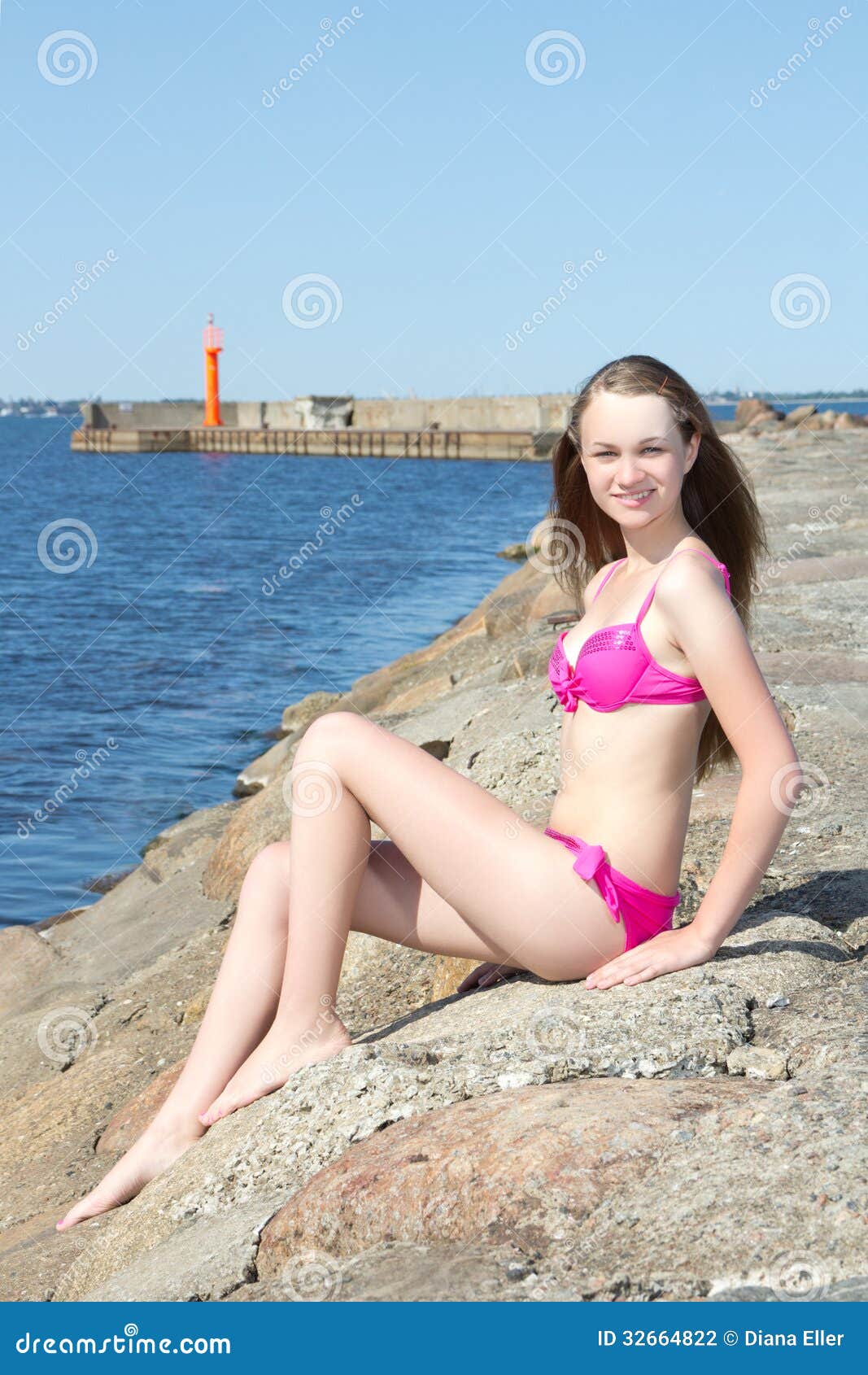 Modelo Atrativo No Biquini Cor De Rosa Que Senta Se Na Praia Rochosa