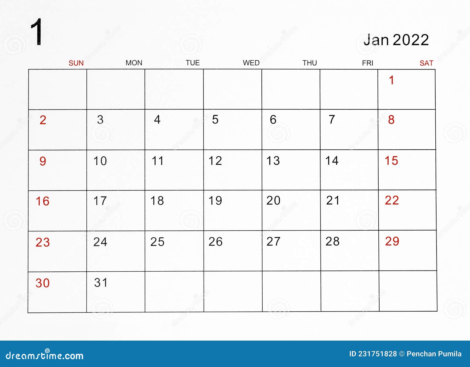 Modelo De Calendário De Janeiro De 2022 Foto de Stock - Imagem de molde ...