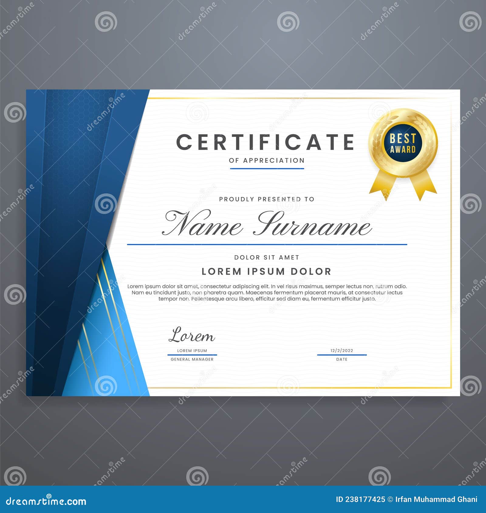 Modelo De Certificado Multiuso Azul E Dourado Com Emblema De Ouro