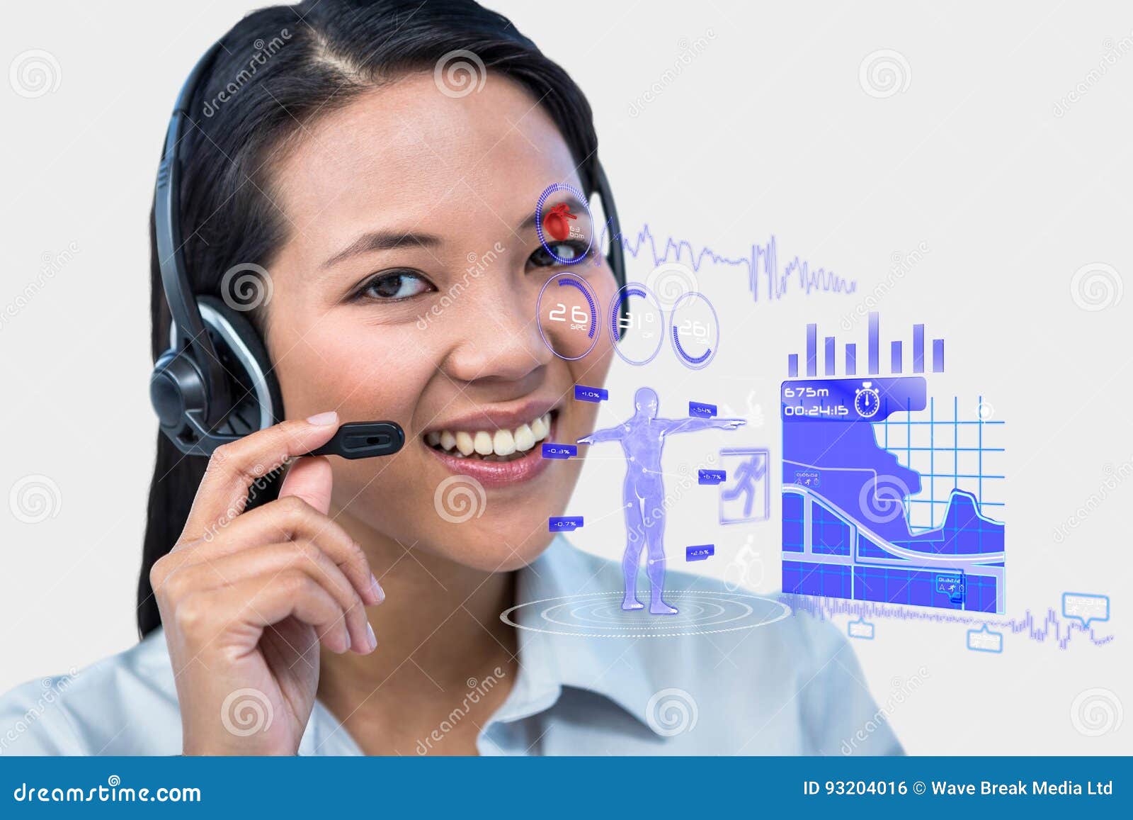Models Wearing Head Set Against Computer Graphics Background Stock ...