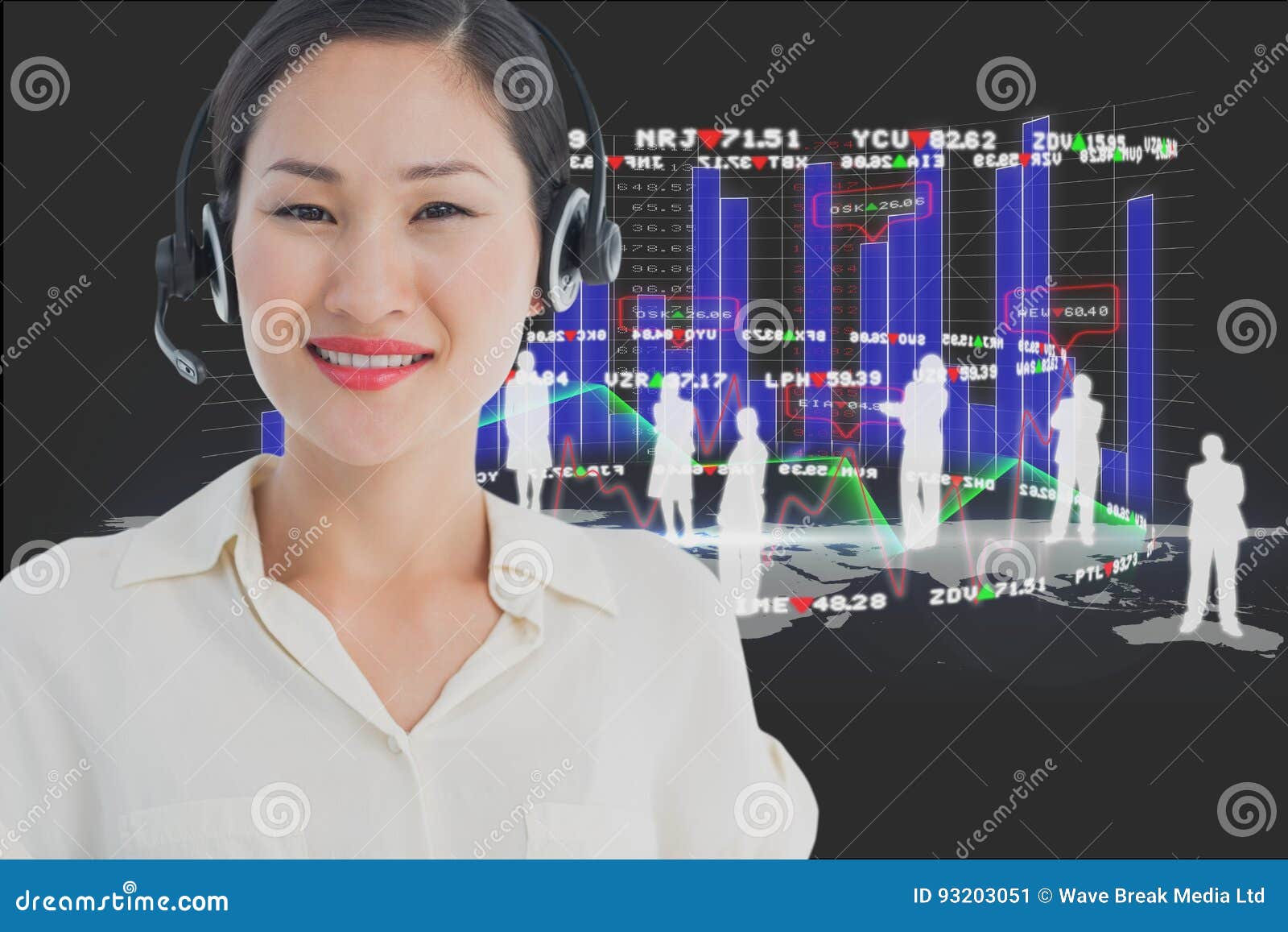 Models Wearing Micro Head Set Against Graphics Background Stock Image ...