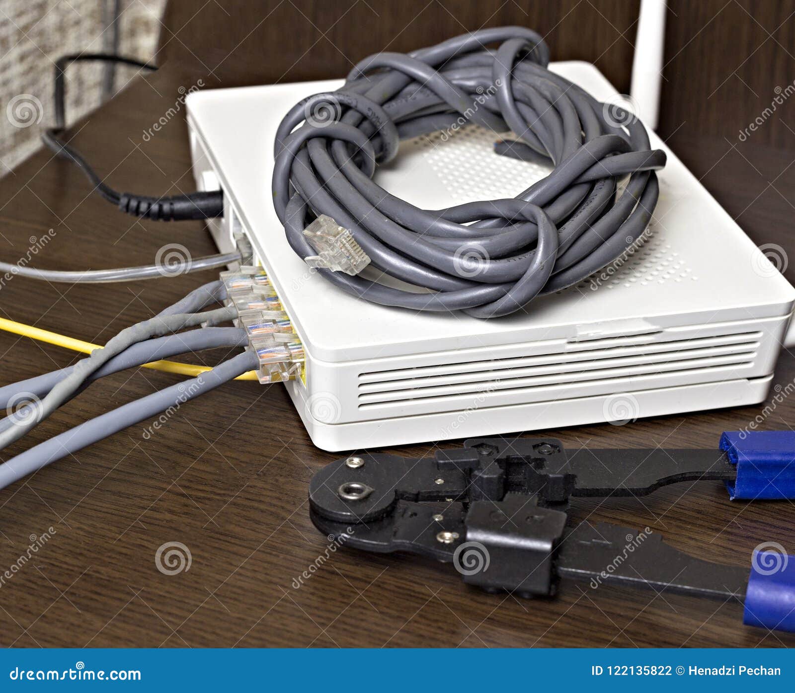 Modem, Network Cable and Crimper for Crimping Chips Modem Stock Photo ...
