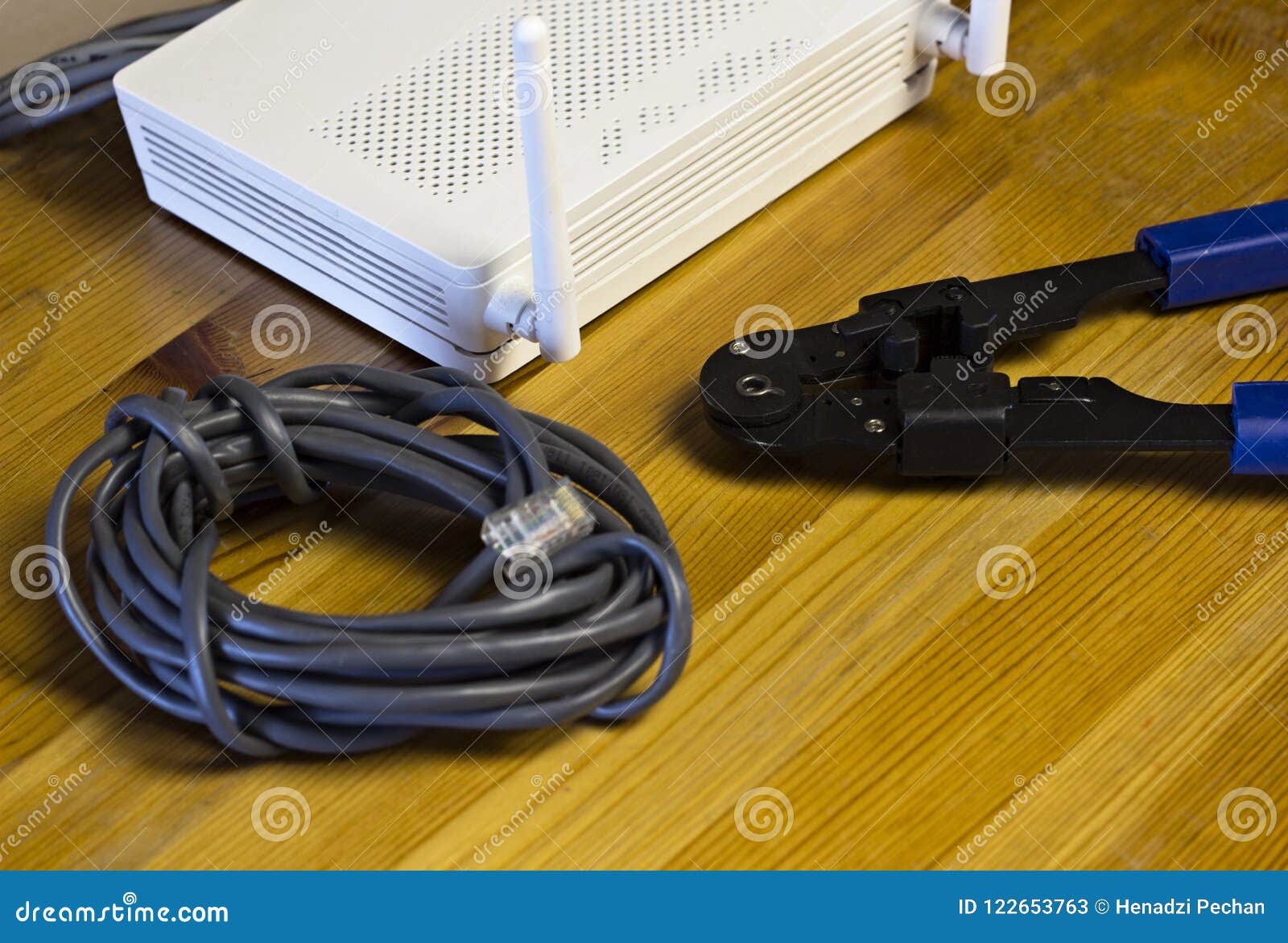 Modem, Network Cable and Crimper for Crimping Chips Network Stock Image ...