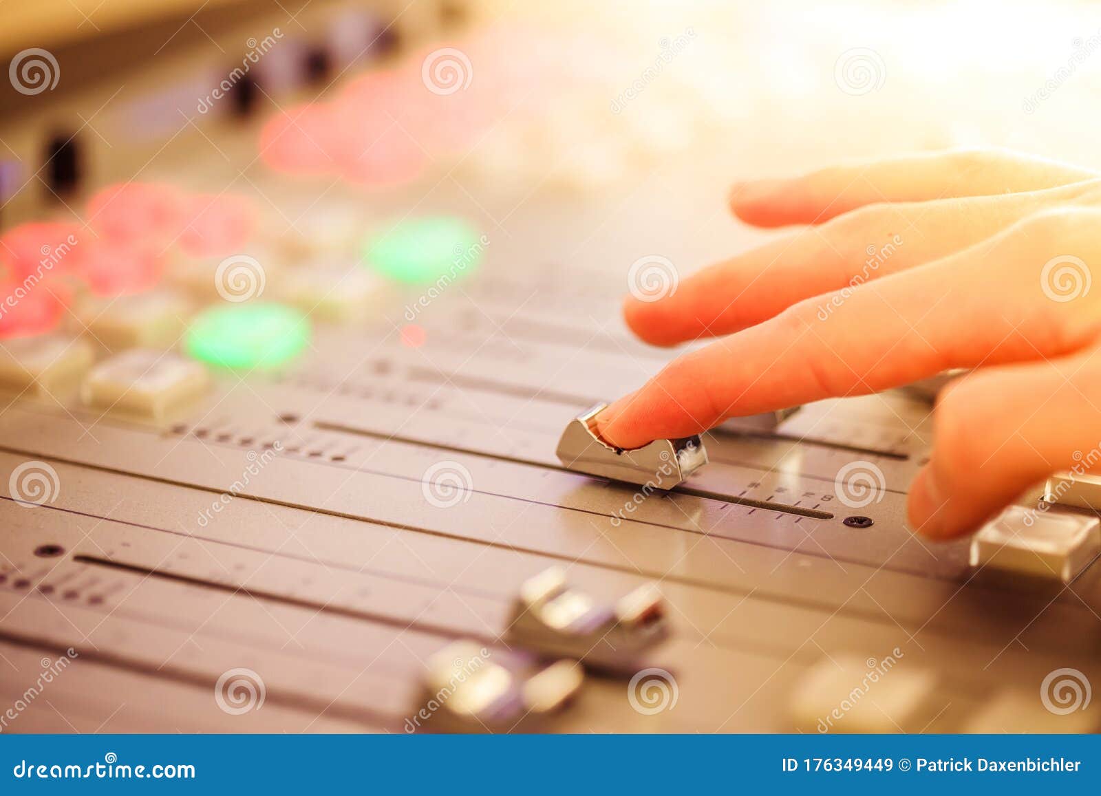 Radio Broadcasting Studio: Moderator is Using the Soundboard, Computer ...