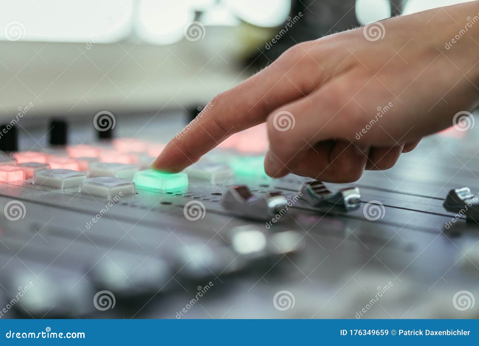 Radio Broadcasting Studio: Moderator is Using the Soundboard, Computer ...