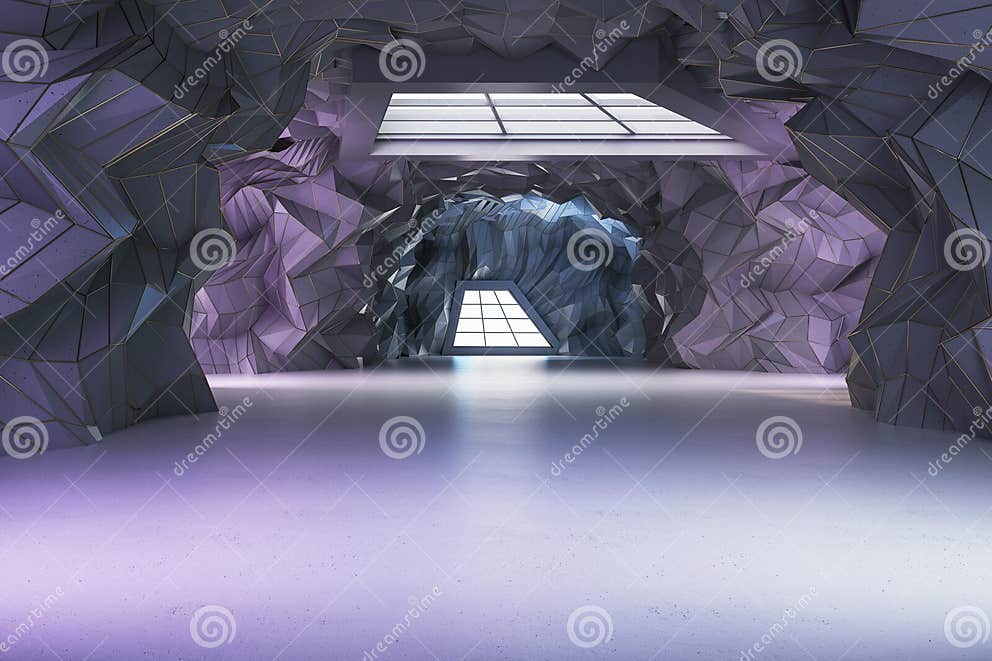 Modern Abstract Geometric Crystal Cave Museum Interior with Window and ...